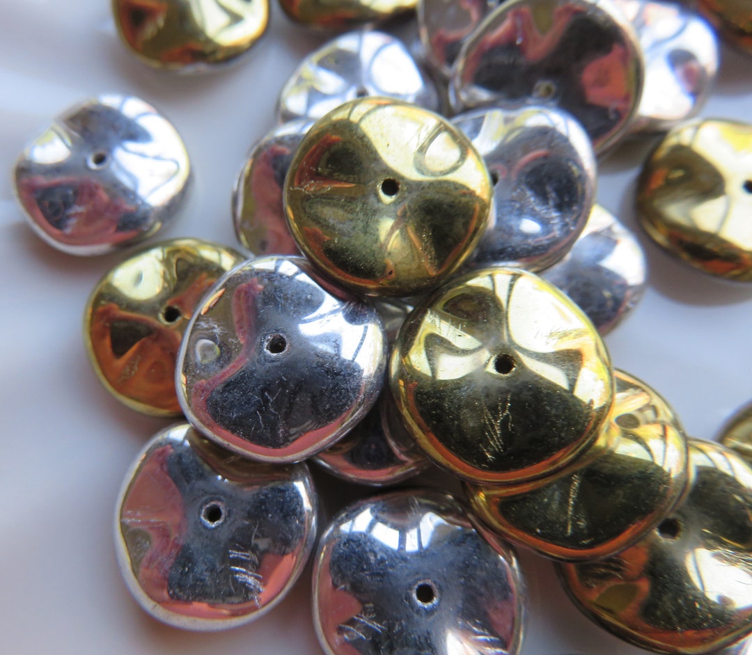 Metallic Silver and Gold Wavy Ripple Disk Beads, Czech Wavy Rondelle ...
