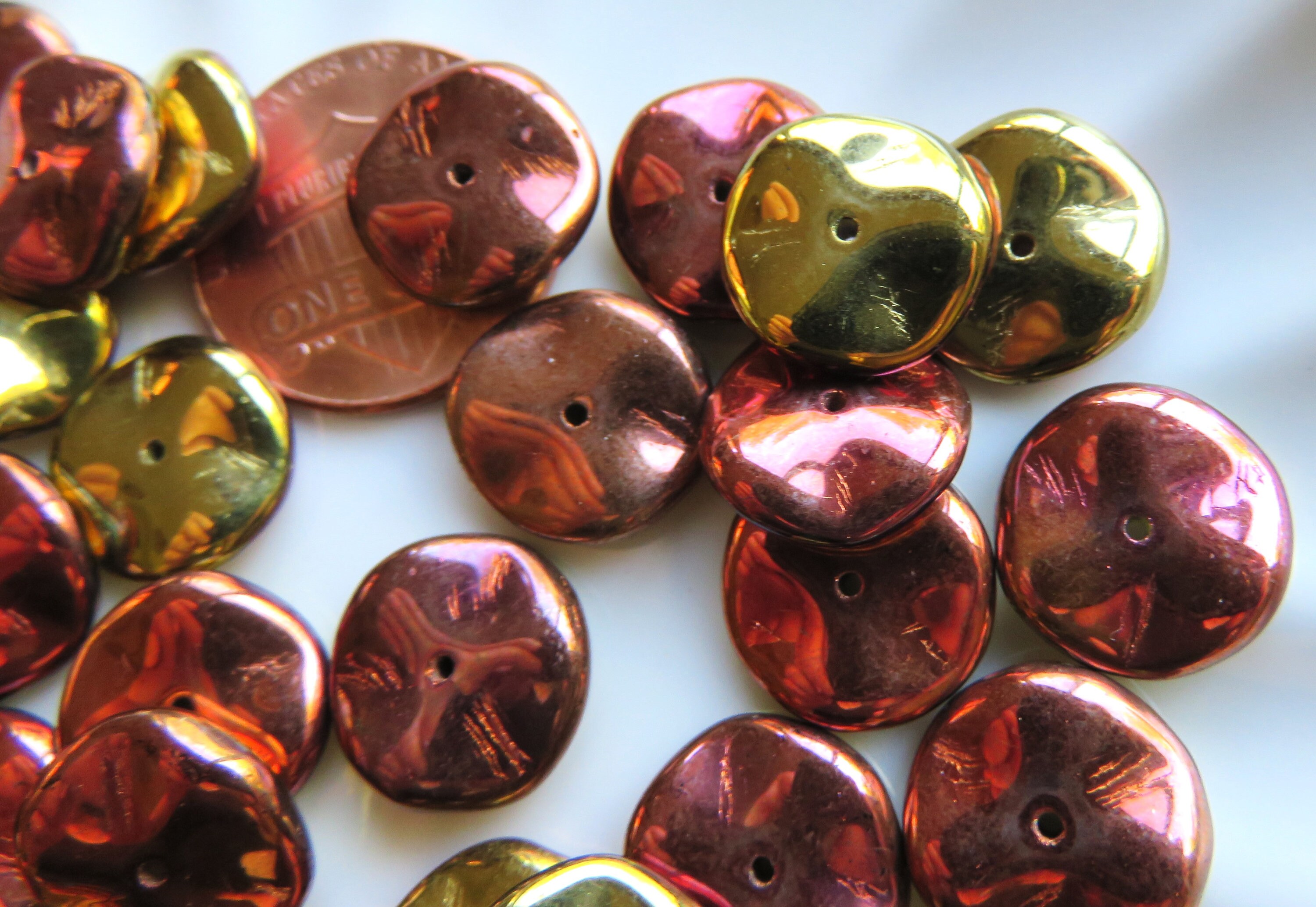 Metallic Gold and California Gold Rush Deep Pink Wavy Ripple Disk Beads ...