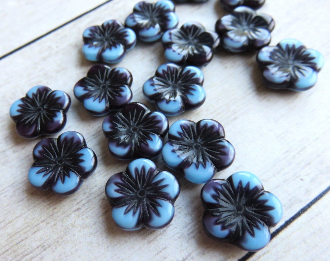 Blue Turquoise and Jet Black Opaque Glass, Czech Large Flat 5 Petal ...
