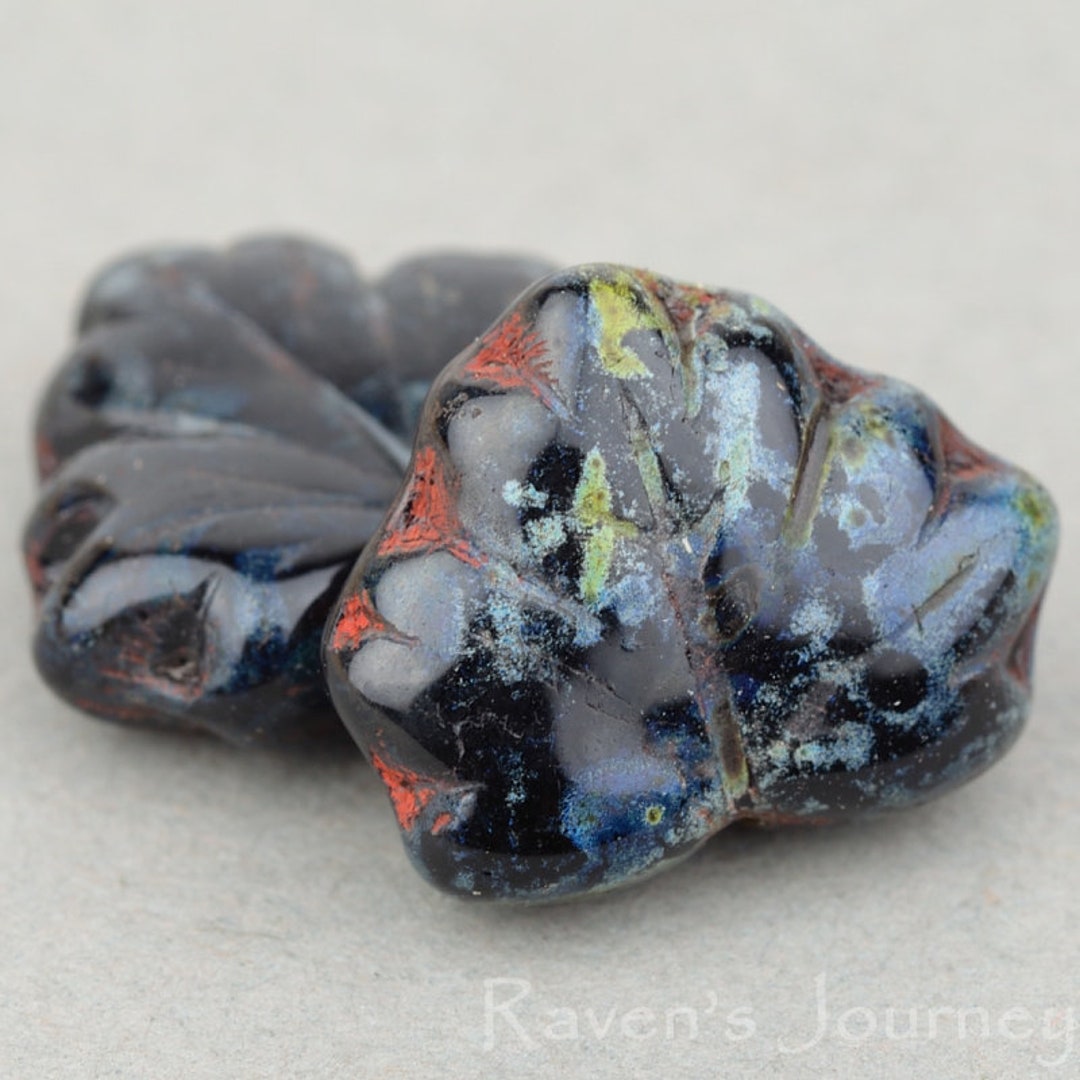 Jet Black Opaque Glass With Full Picasso, Czech Maple Leaf, 13 Mm by 11 ...