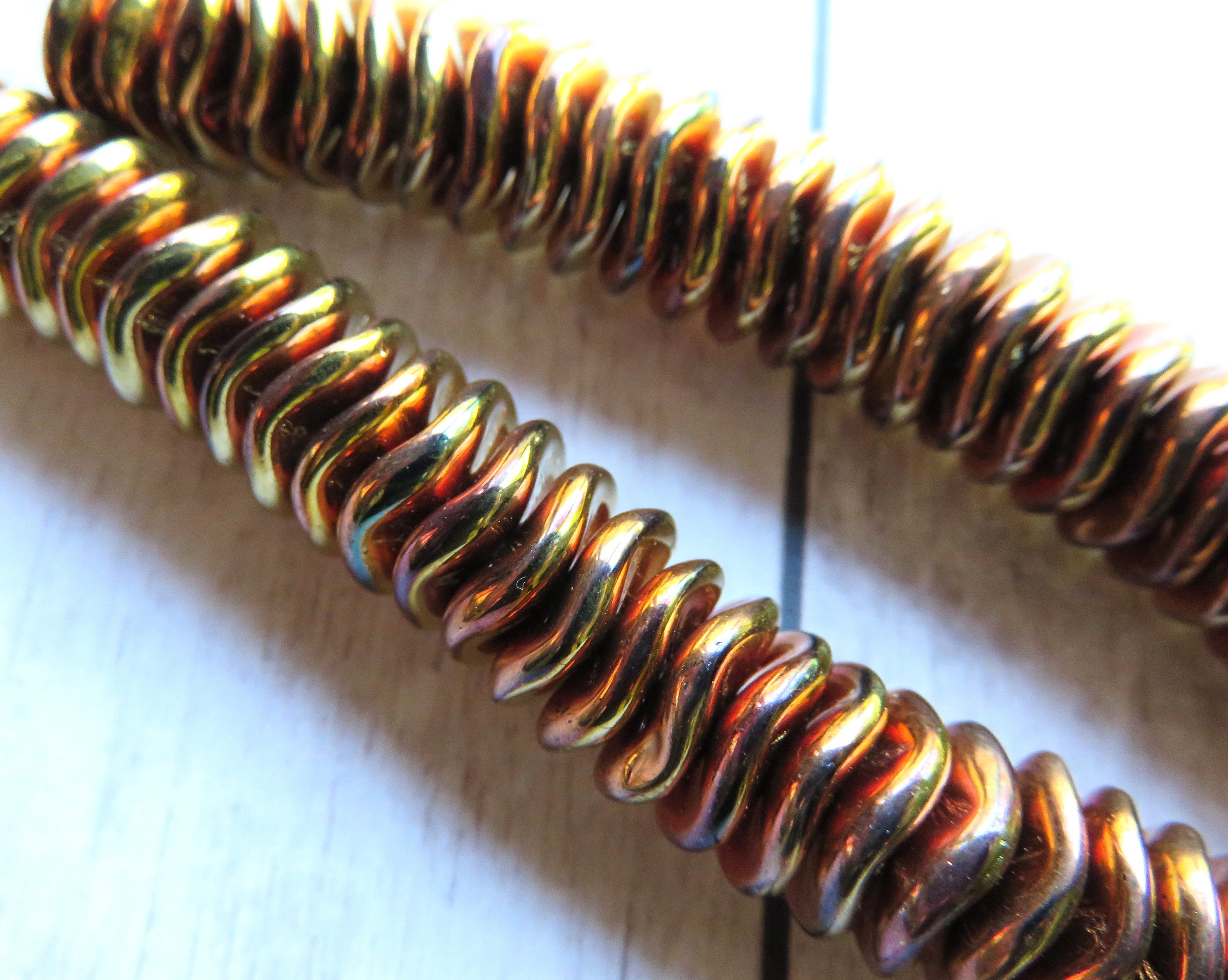 Metallic Gold and California Gold Rush Deep Pink Wavy Ripple Disk Beads ...