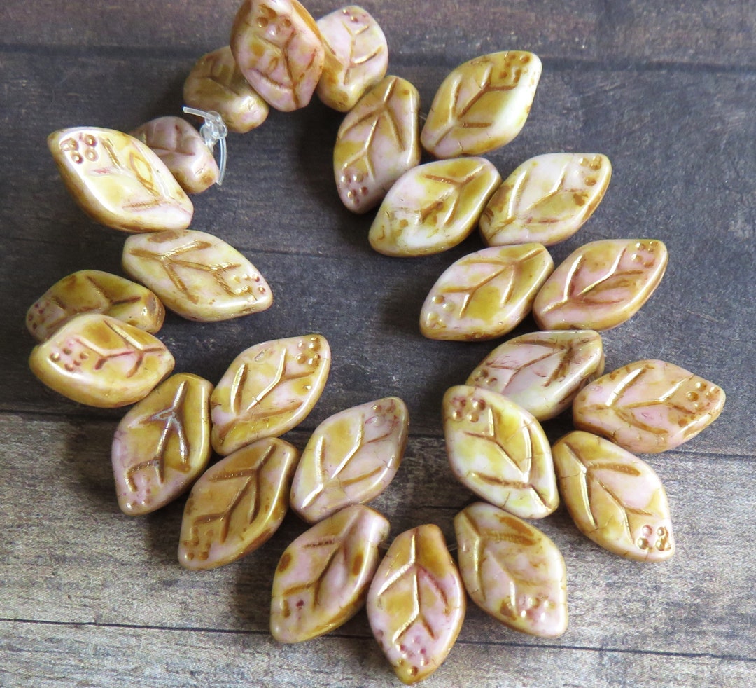 Cream Topaz Opaque Weathered Goldstone Glass, Czech Apple Leaf, 12 Mm ...
