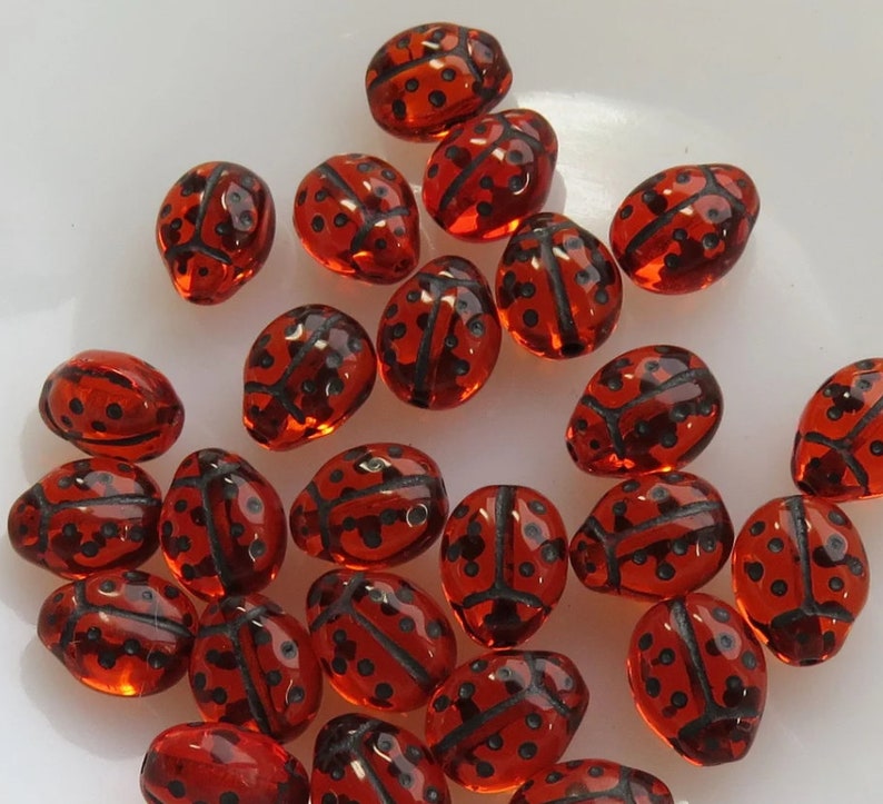 Ladybug Beads, Transparent Hyacinth Orange With Black Inlay, Czech ...