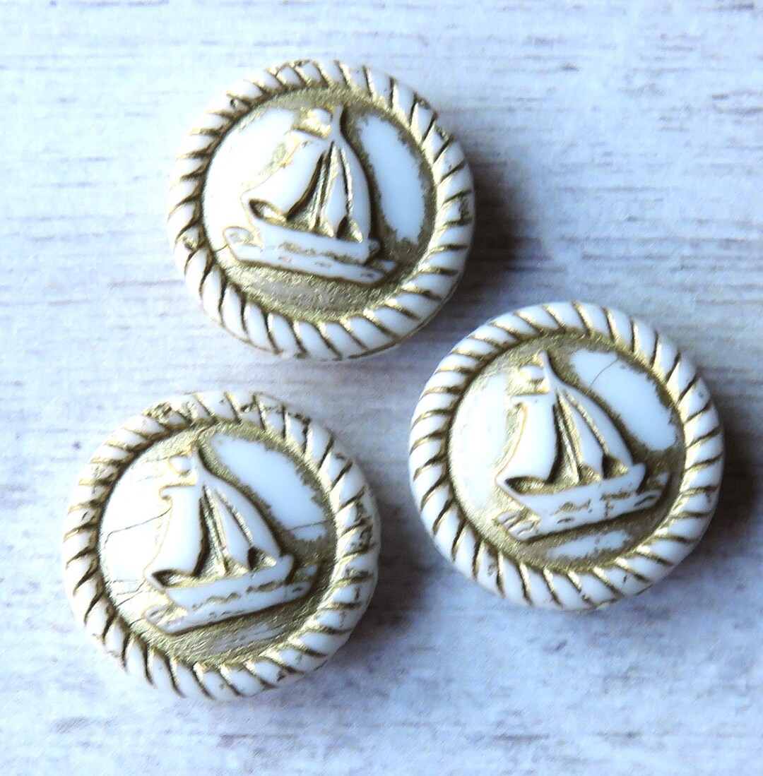 White Alabaster Opaque Glass With Gold Wash, Czech Sail Boat Coin Beads ...