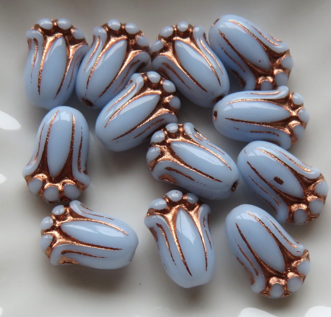Light Sky Blue Opaque Glass With Copper Wash, Czech Lily Bud, Tulip ...