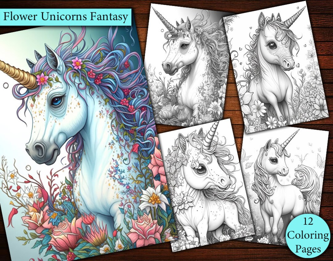 12 Flowers Unicorn Fantasy Coloring Page Adults Kids Coloring - Etsy