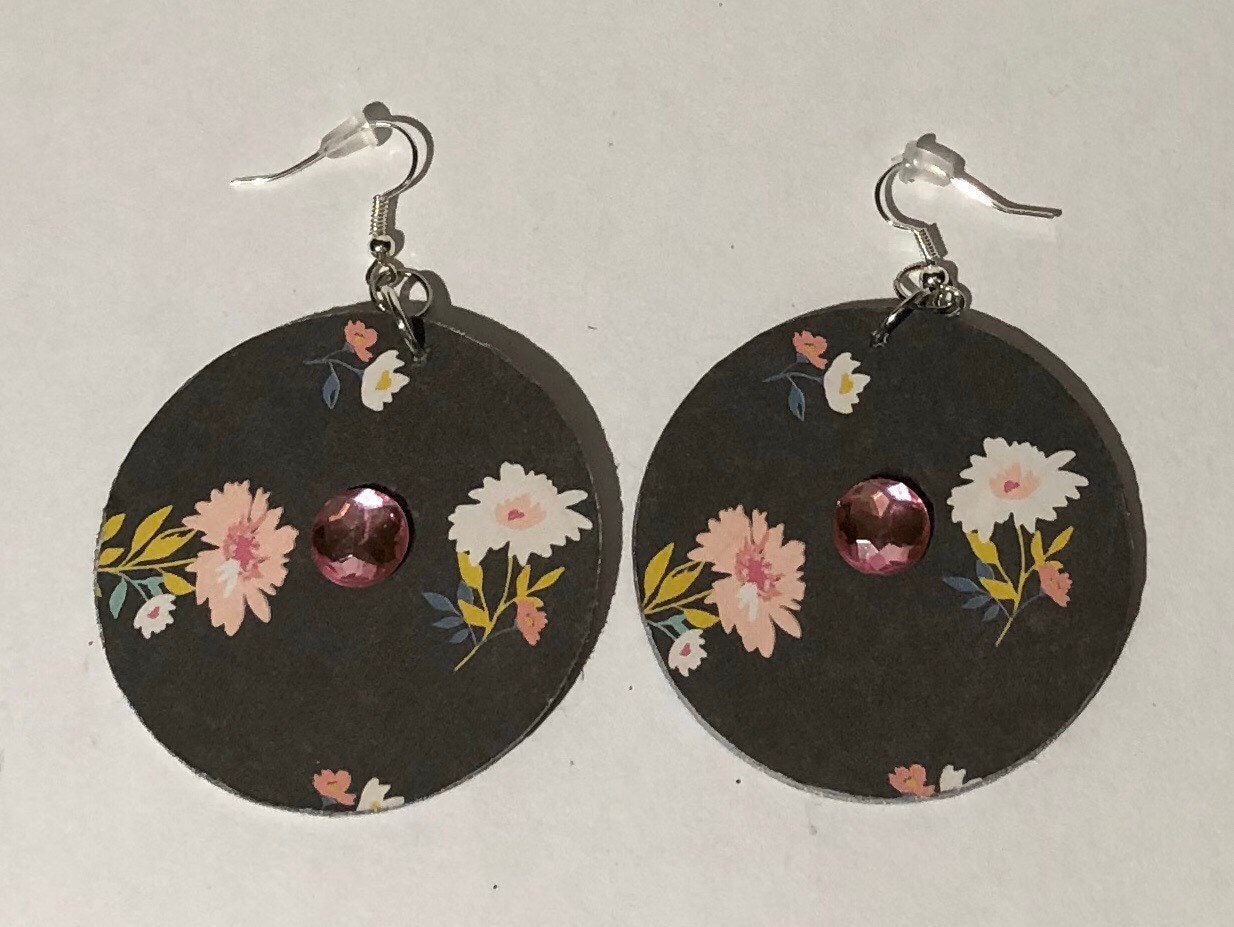 Round Wooden Earrings in Beautiful Floral Print - Etsy Ireland