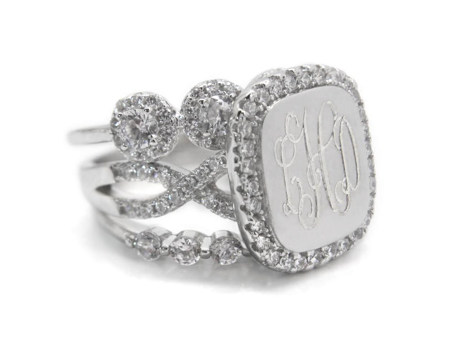 Monogram Stacked Engravable Ring Engraved CZ Stacked Ring - Etsy