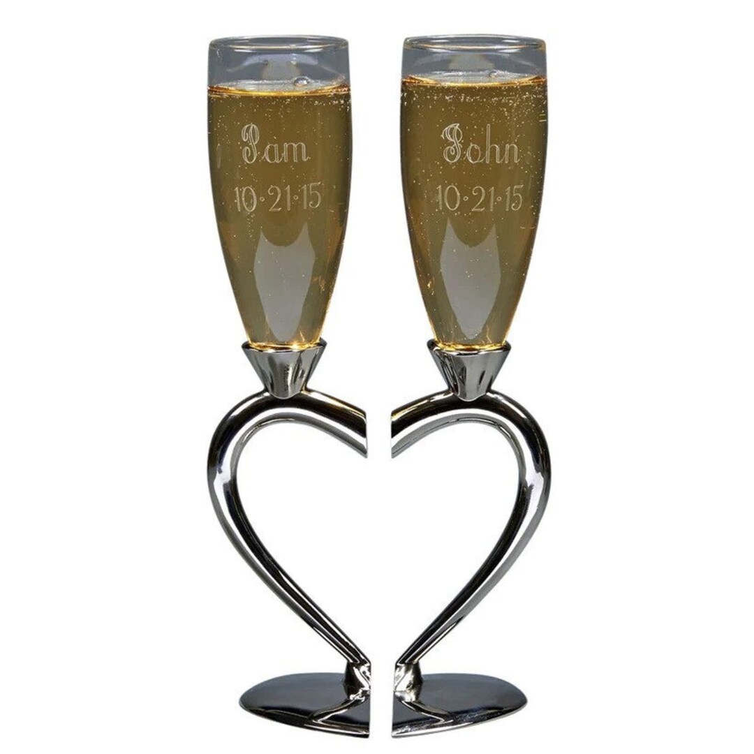Heart Shaped Toasting Goblets, Silver and Glass Toasting Flutes ...