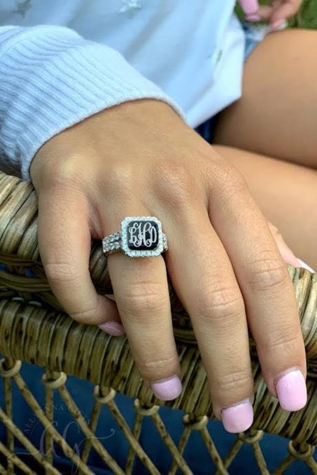 Engraved Sterling Silver CZ Ring, Monogram Fancy CZ Ring, Square Face ...