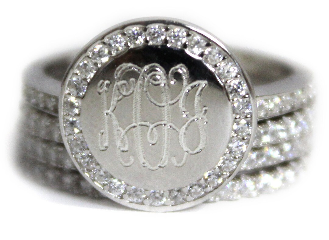 Monogram Ring, Stackable Ring, Engraved CZ Ring, Personalized Sterling ...