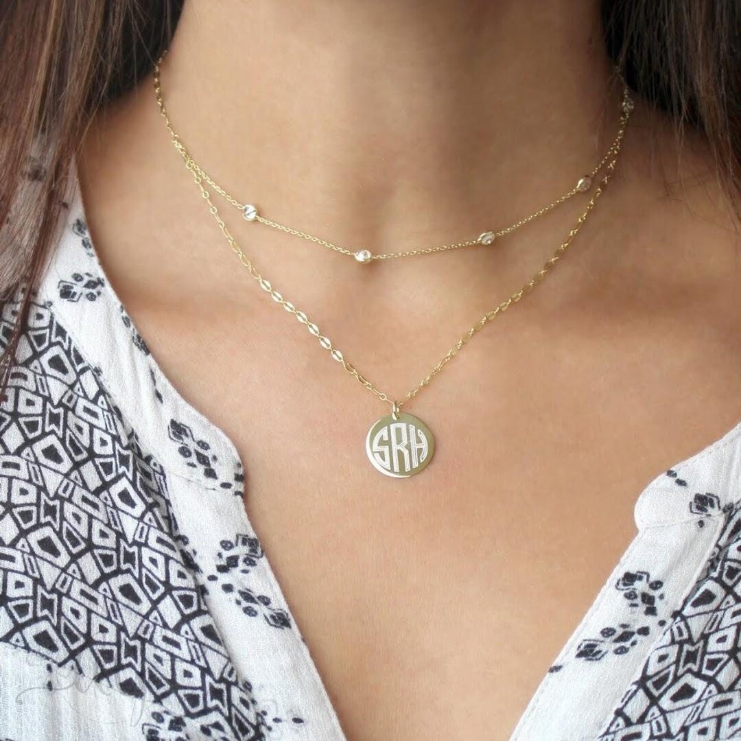 Double Strand Engraved Disk Necklace, Monogram Layered CZ Necklace ...