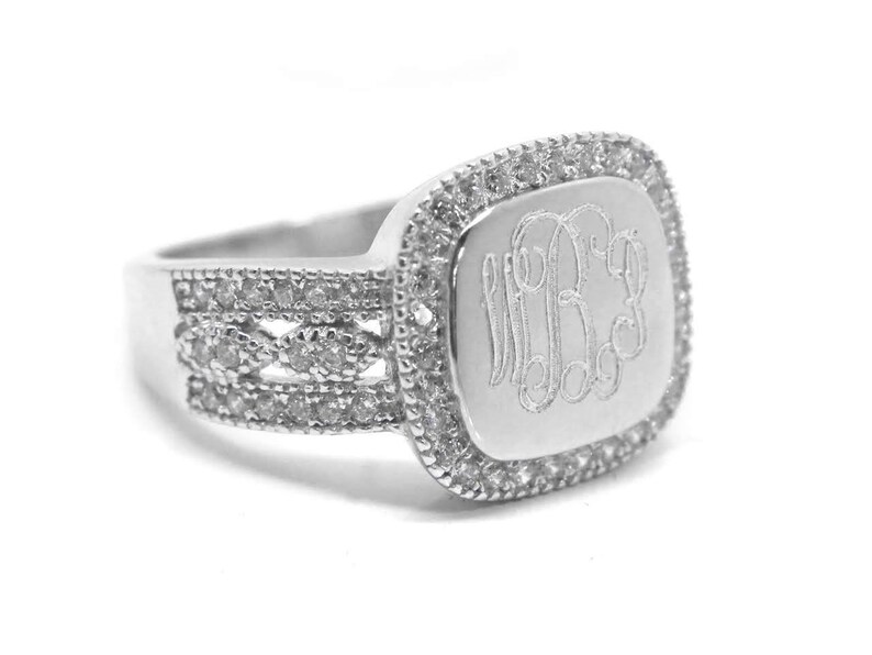 Engraved Sterling Silver CZ Ring Monogram Fancy CZ Ring - Etsy