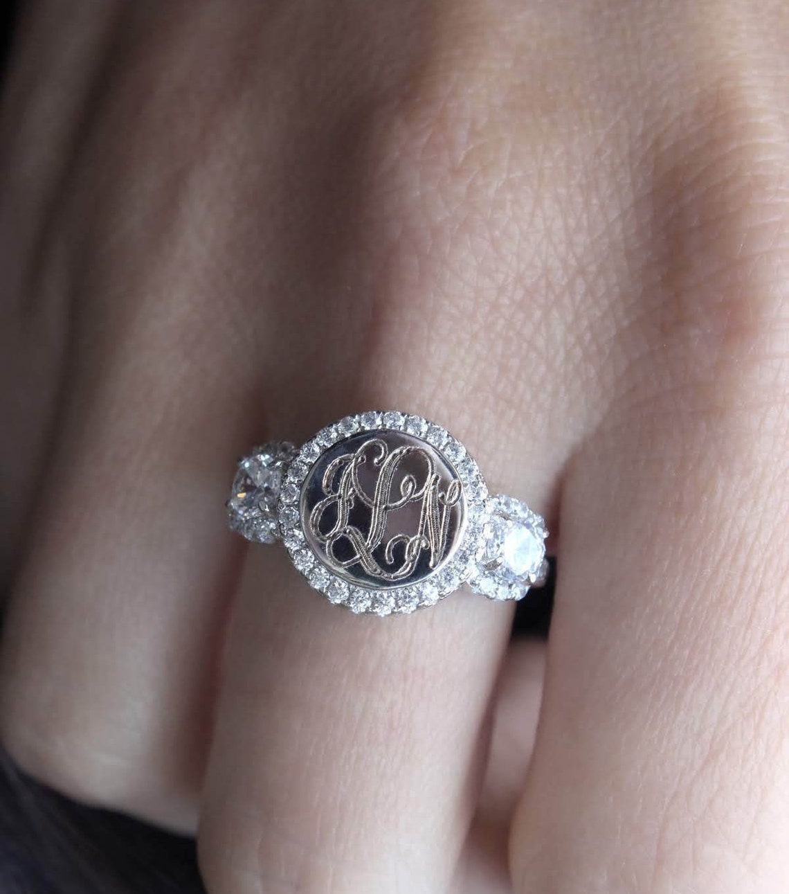 Monogram Sterling Silver CZ Ring Engraved Sterling Silver CZ - Etsy