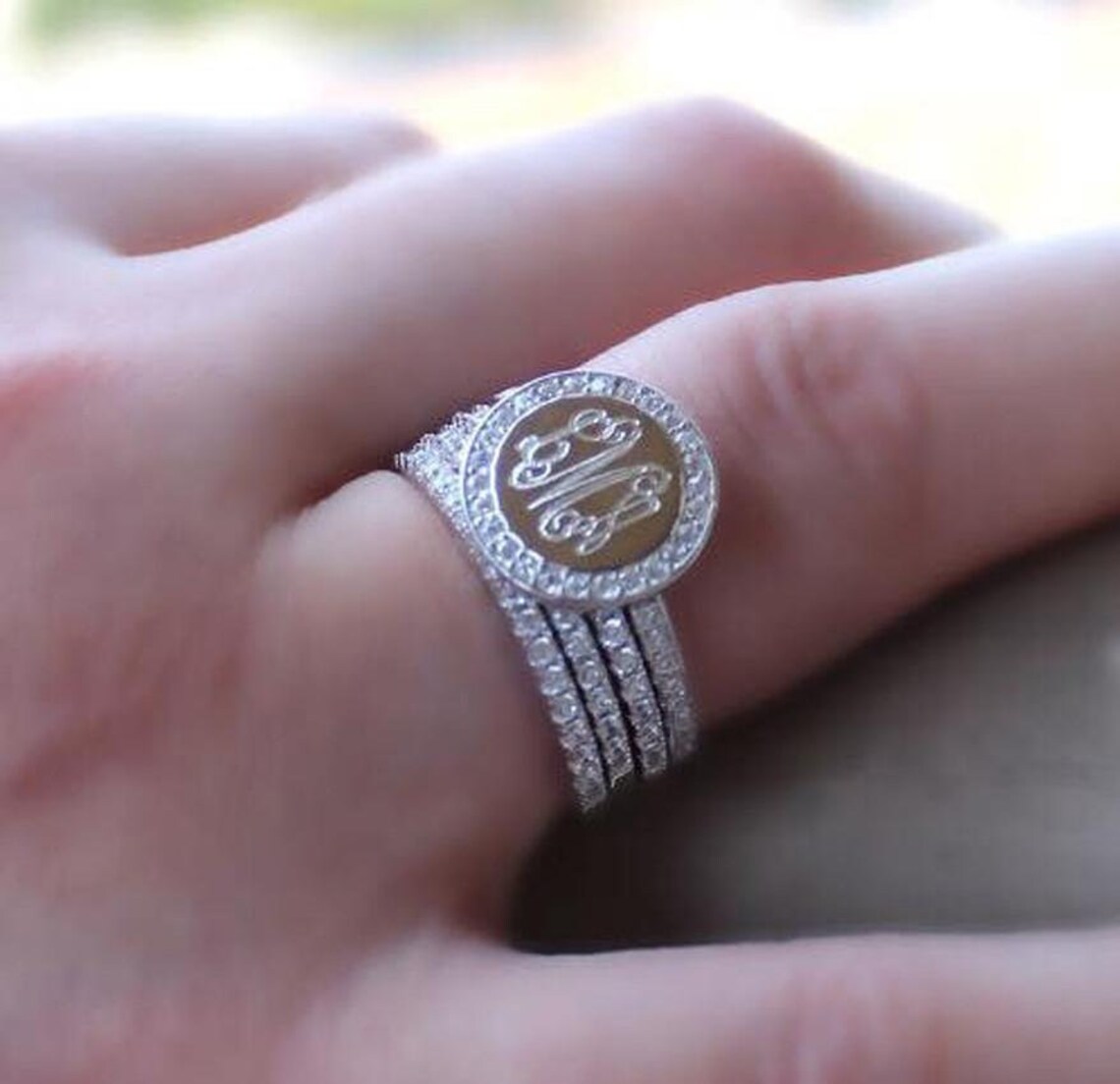 Monogram Ring Stackable Ring Engraved CZ Ring Personalized - Etsy