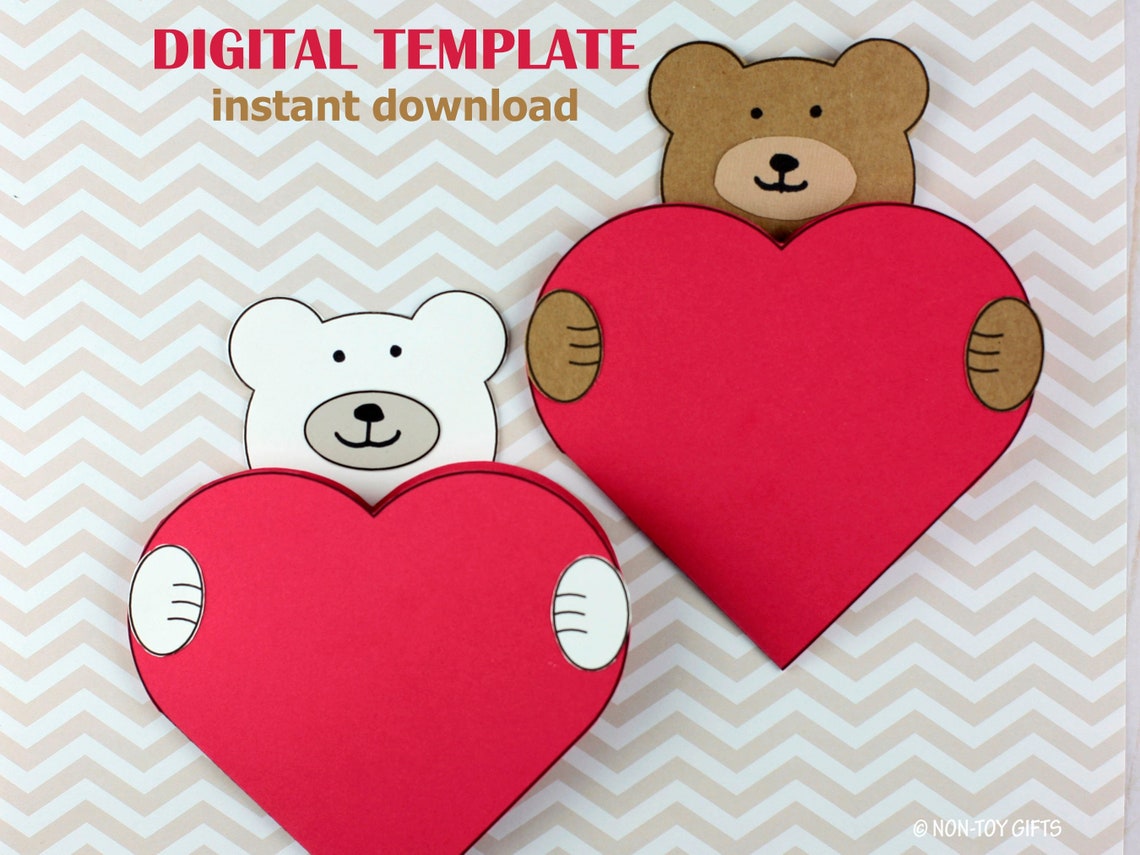 Valentine Bear Heart Cards for Kids Valentine's Day Cards Preschool ...