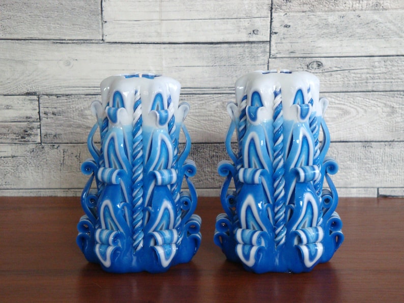 Blue Carved Candle Set Long Distance Gift Candles for Best - Etsy
