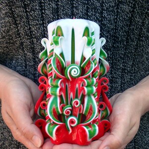 Red Green Christmas Carved Candle - Long Distance Gift. Secret Santa ...