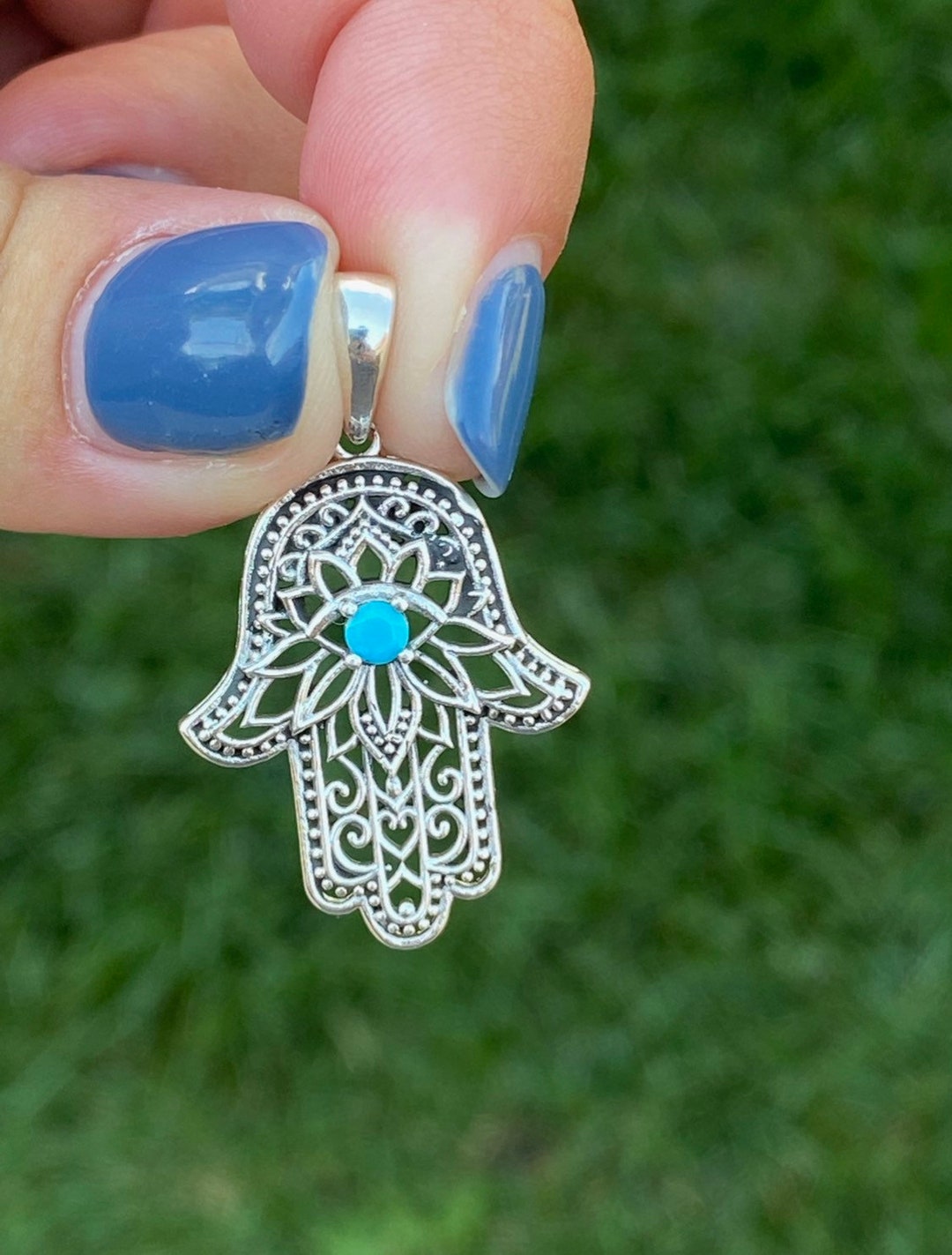 Sterling Silver Hamsa Pendant With Turquoise Gem - Etsy
