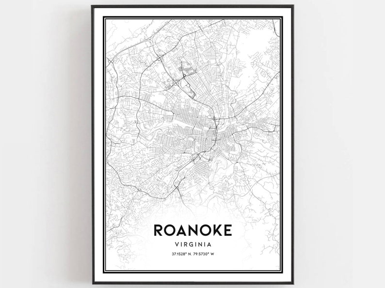 Roanoke Map Print, Roanoke Map Poster Wall Art, Va City Map, Virginia ...
