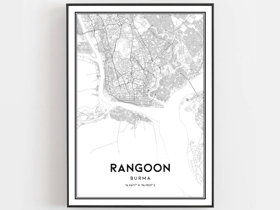 Rangoon Map Print, Rangoon Map Poster Wall Art, Rangoon City Map, Rangoon Print Street Map Decor ...