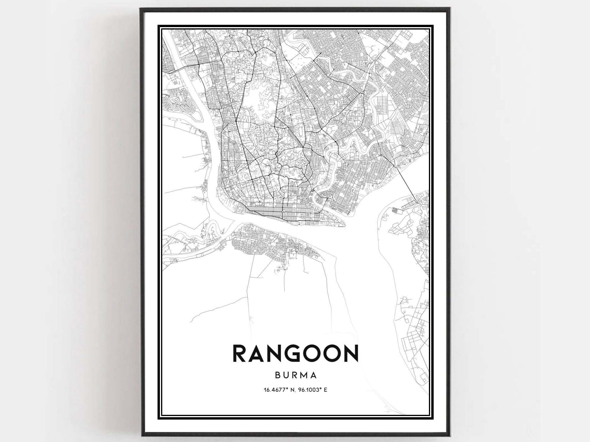 Rangoon Map Print Rangoon Map Poster Wall Art Rangoon City | Etsy