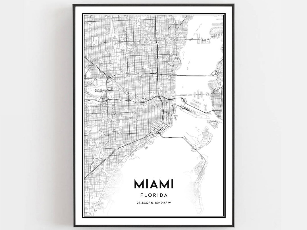 Miami Map Print, Miami Map Poster Wall Art, Fl City Map, Florida Print ...