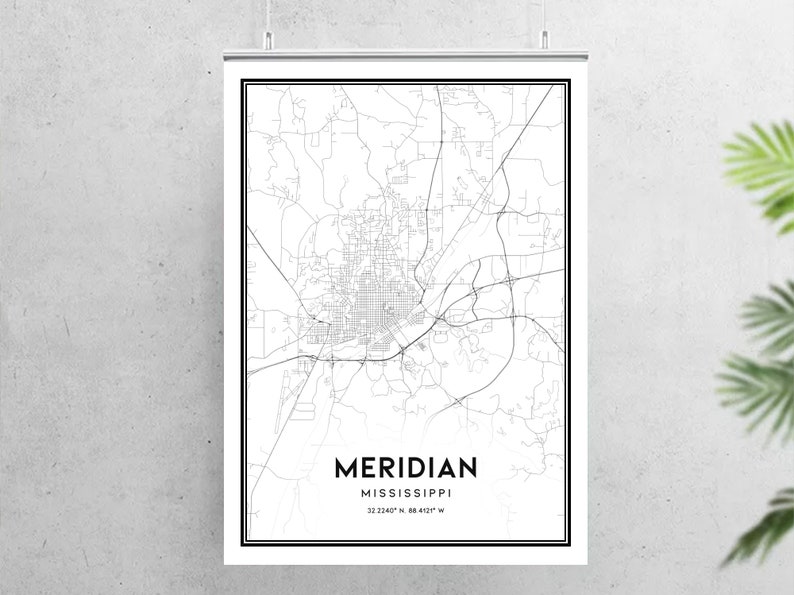 Meridian Map Print Meridian Map Poster Wall Art Ms City Map | Etsy