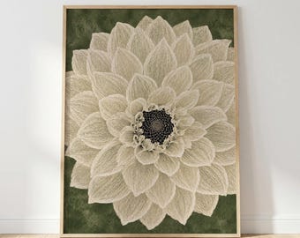 Cream Dahlia Flower Print, Vintage Line Art Botanical Wall Art, Dark ...