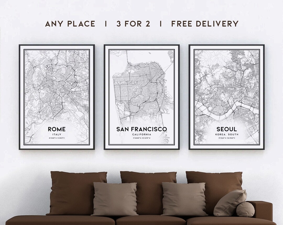 Custom Map Prints, Set of 3, Any Location, 3 for 2 Offer, Map Print ...