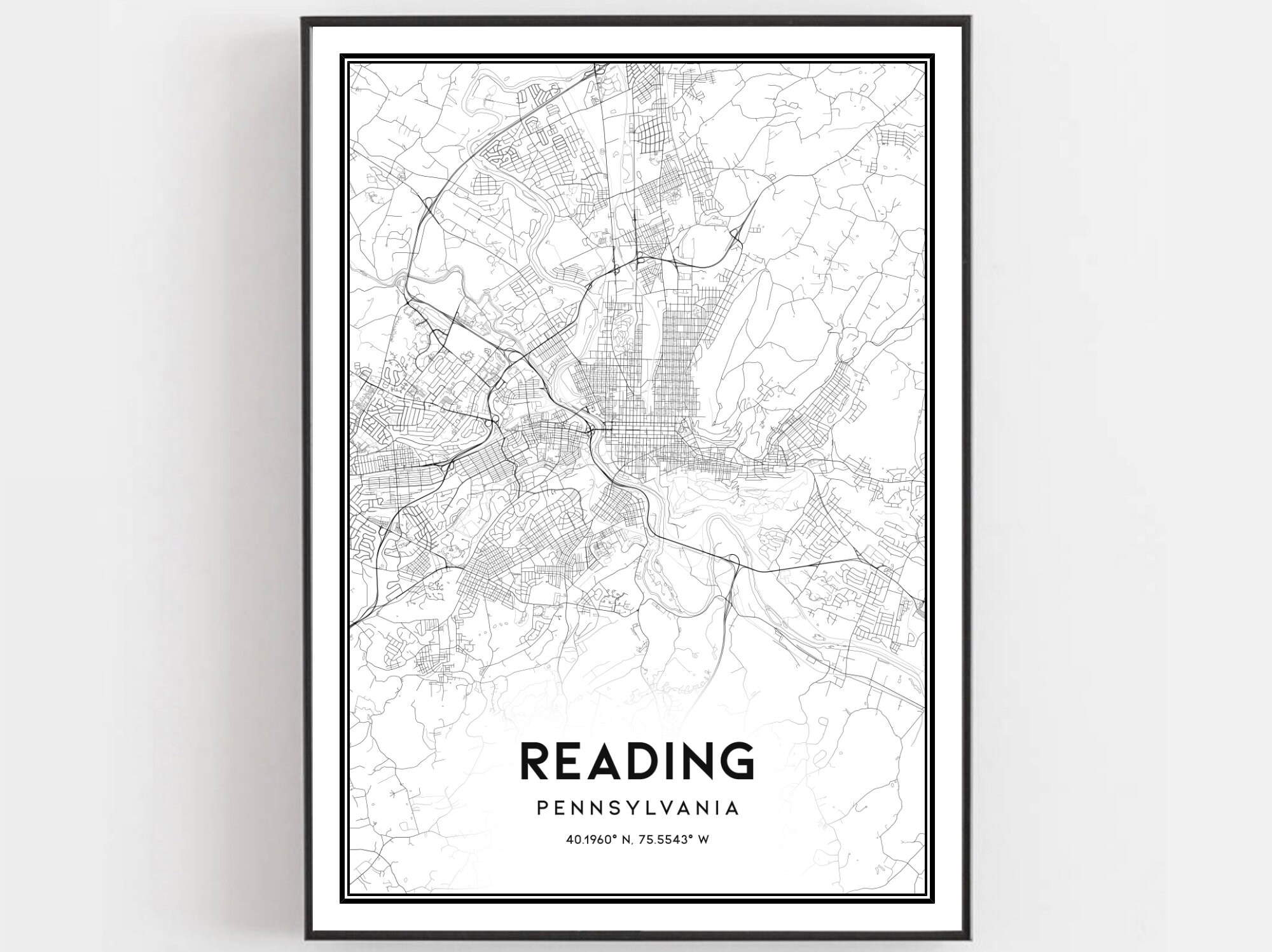 Reading Map Print Reading Map Poster Wall Art Pa City Map | Etsy