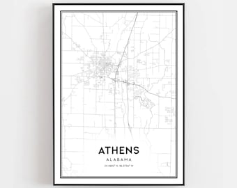 Athens, AL Alabama Wall Art Watercolor Map Print [5x7, 8x10, or 11x14 ...