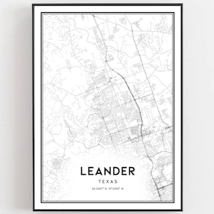Leander Map Print, Leander Map Poster Wall Art, Tx City Map, Texas ...