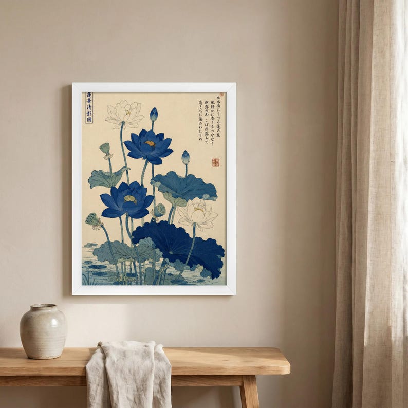 Japanese Vintage Woodblock Print, Blue Lotus Botanical Poster, Floral ...