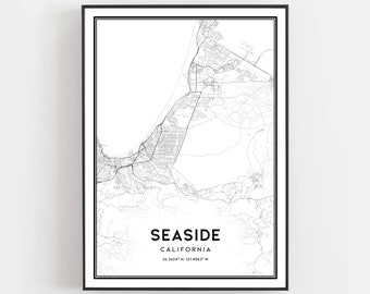 Seaside Map Print, Seaside Map Poster Wall Art, Ca City Map, California ...