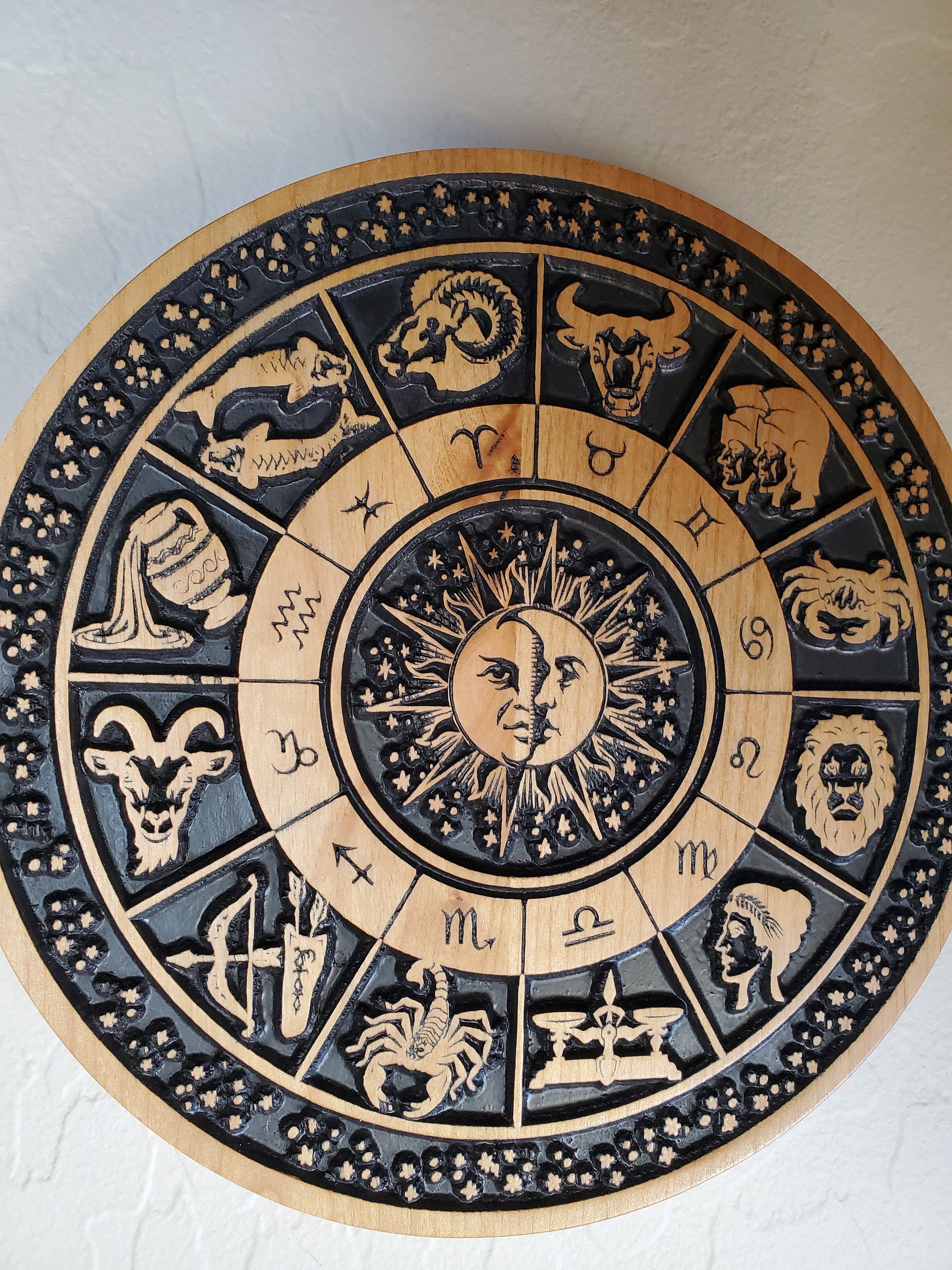Wood Carved Astrological Calendar Wall Art, Astrology Wall Hanging ...