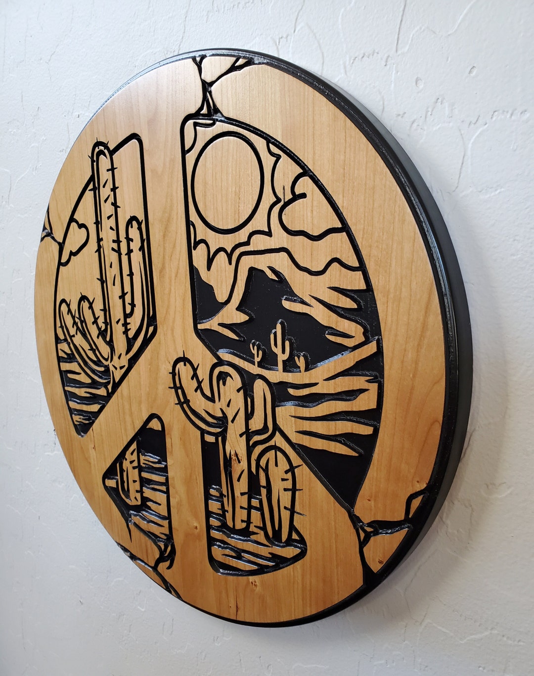 Unique Carved Wood Peace Sign Wall Decor With Desert Landscape Motif ...