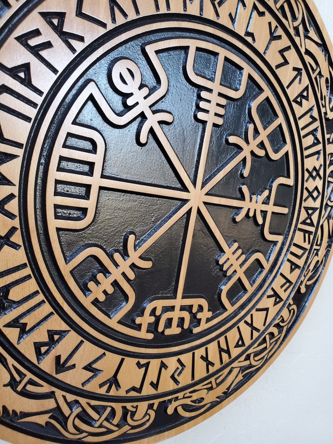 Viking Compass Wood Carved Wall Art, Norse Shield Wall Hanging, 3D Wall ...