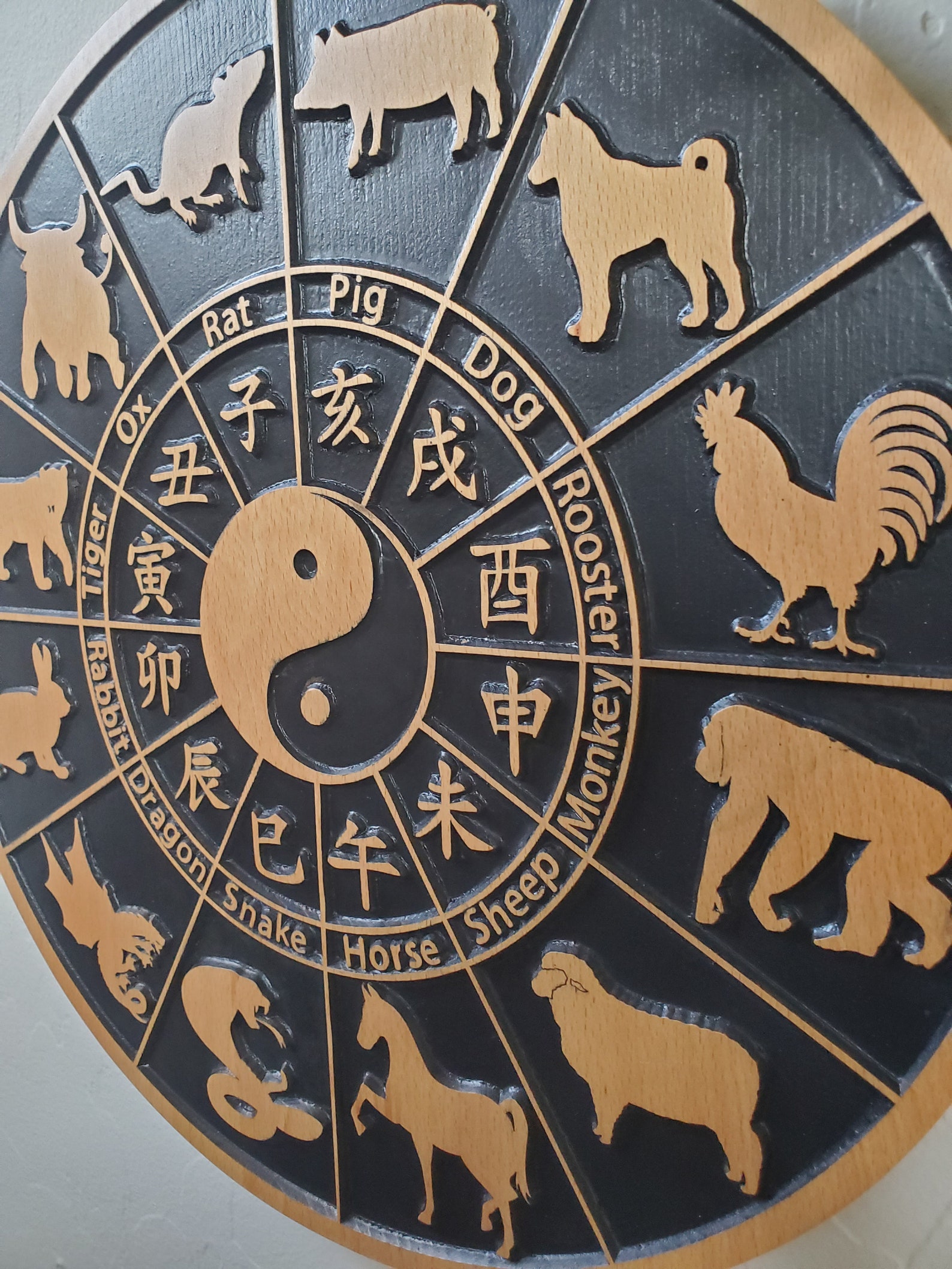 Wood Carved Chinese Zodiac Calendar Wall Art, Astrology Wall Hanging ...