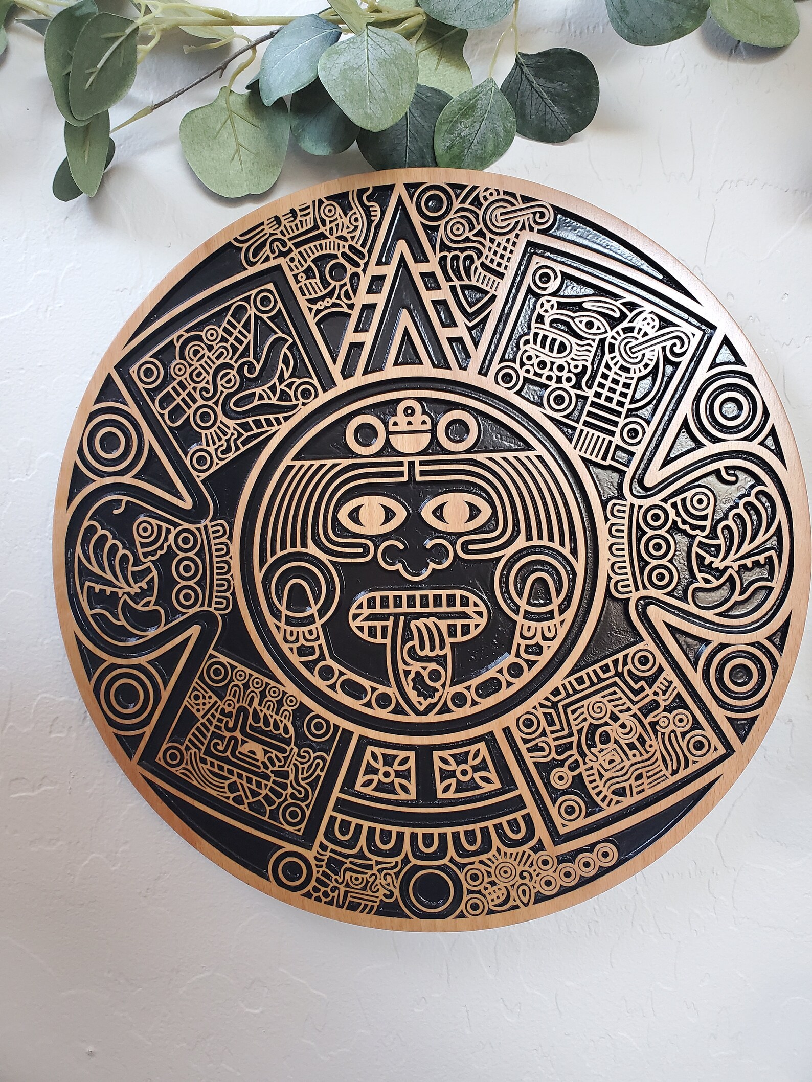 Wood Carved Stylized Aztec Calendar, Aztec Calendar Wall Art , Mayan ...
