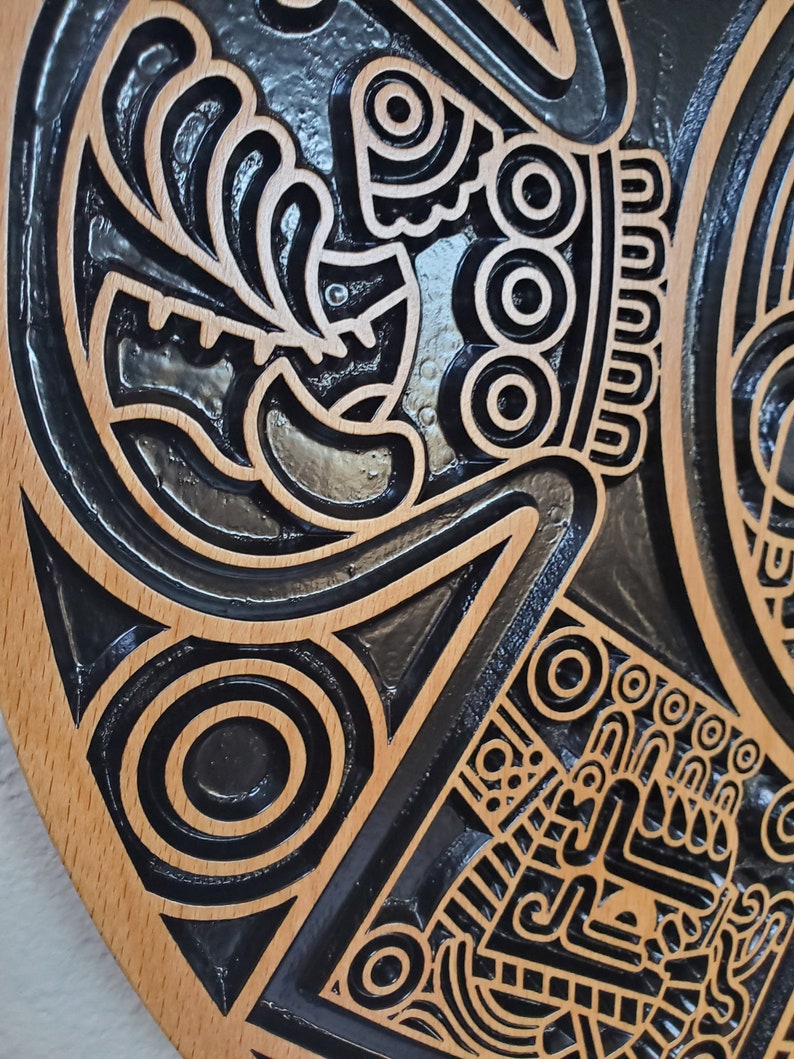 Wood Carved Stylized Aztec Calendar, Aztec Calendar Wall Art , Mayan ...