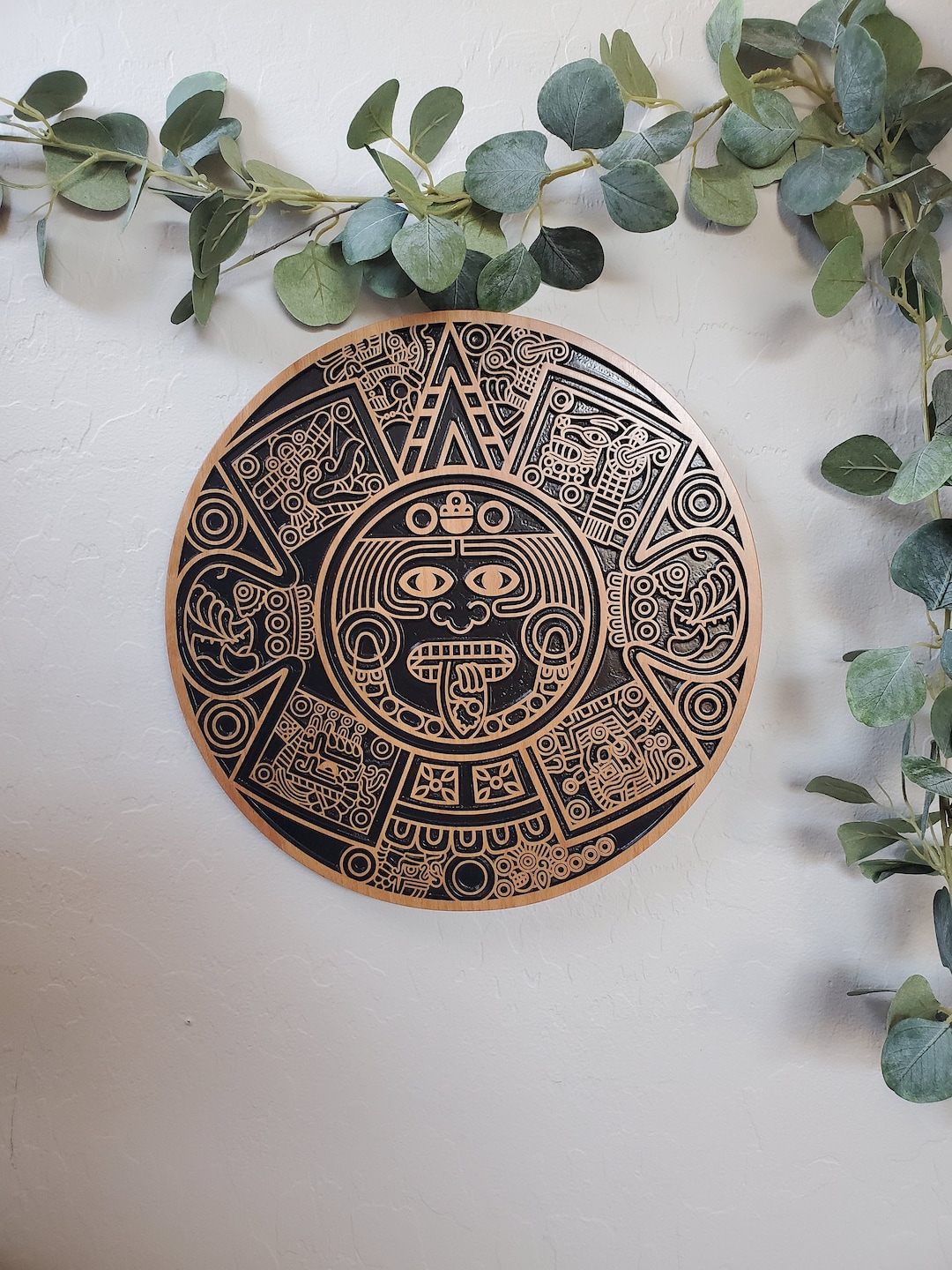 Wood Carved Stylized Aztec Calendar, Aztec Calendar Wall Art , Mayan ...