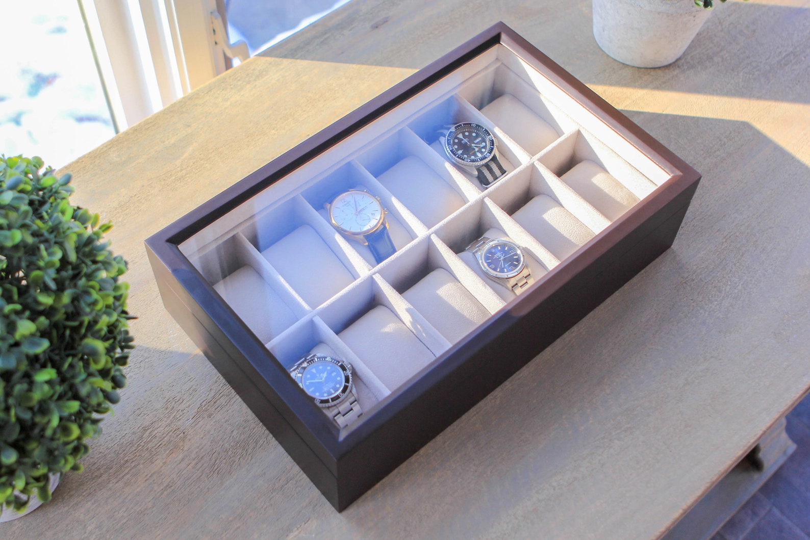 Solid Espresso Wood Watch Box Organizer With Glass Display Top - Etsy
