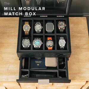 8 Slot Watch Box Case Organizer for Men, Black Finish, Modular Valet ...