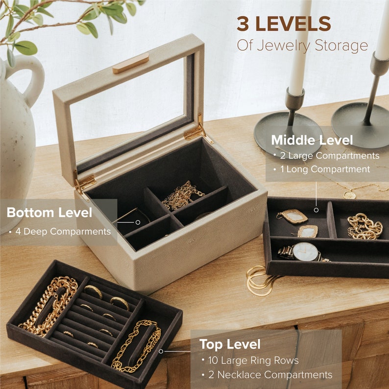 Sasha Petite 3 Tier Jewelry Box, Display Case for Bracelets Earrings ...