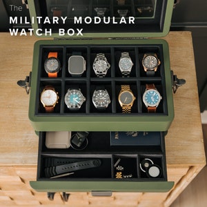 Military 10 Slot Watch Box Case Organizer for Men, Real Glass Top ...