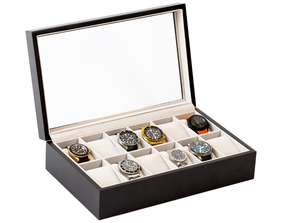 Solid Espresso Wood Watch Box Organizer With Glass Display Top - Etsy