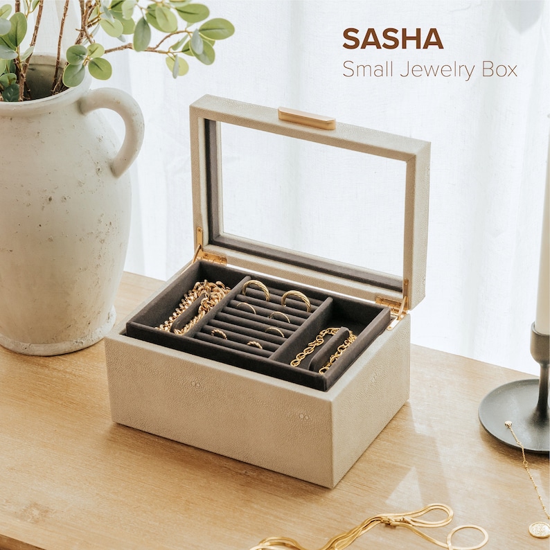 Sasha Petite 3 Tier Jewelry Box, Display Case for Bracelets Earrings Rings Necklaces, Shagreen ...