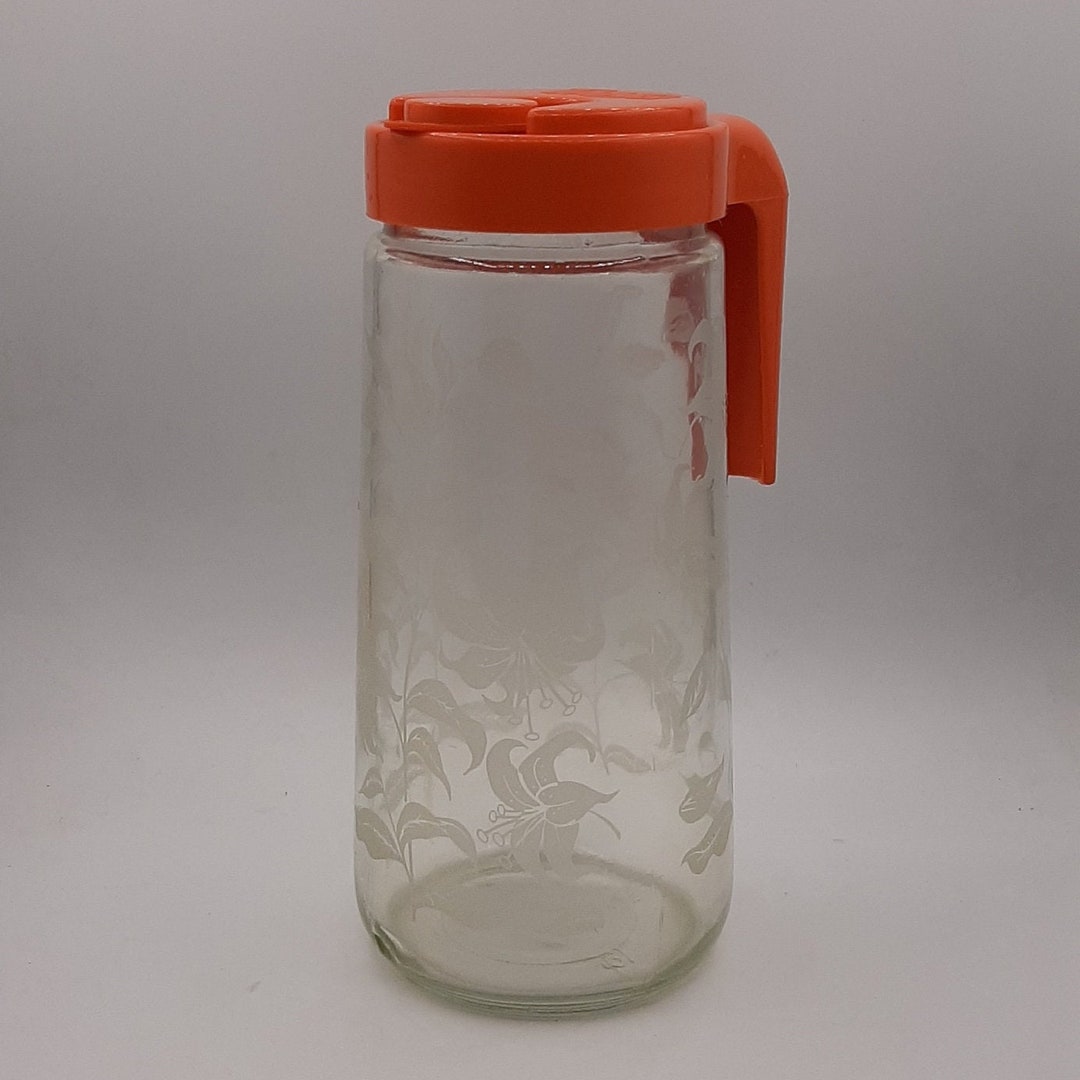 Vintage TANG White Floral Glass Pitcher Orange Lid 1 Quart Anchor ...