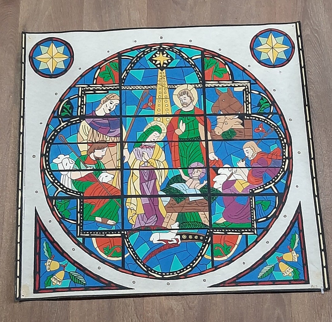 Rare Handmade Liquid Artex Painting Nativity Scene Stainglass Look Wall ...